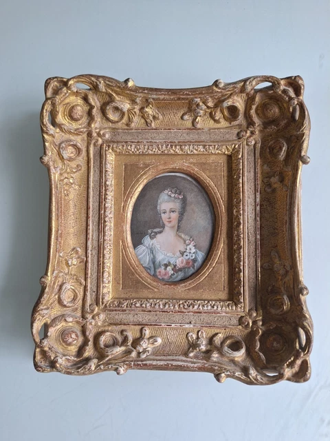 PEINTURE MINIATURE ANCIENNE Portrait Royal Femme. Tableau Encadré Signé ...