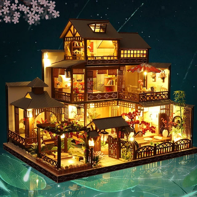 DIY DOLLHOUSES MINIATURE Big Japanese Courtyard Model with LED Lights ...