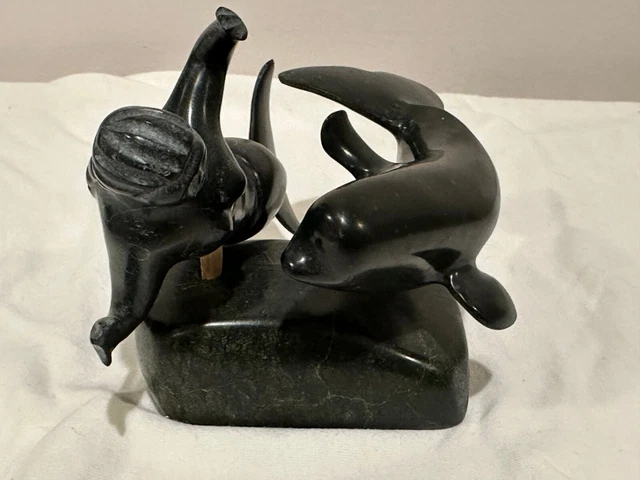 AUTHENTIC INUIT(ESKIMO) SOAPSTONE Carving MERMAID/WHALE ON BASE ...