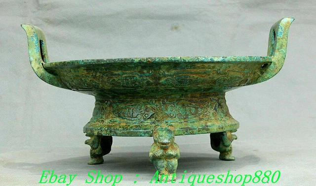 10& OLD CHINA Han Dynasty Bronze Ware Beast Inscription Word Plate Dish ...