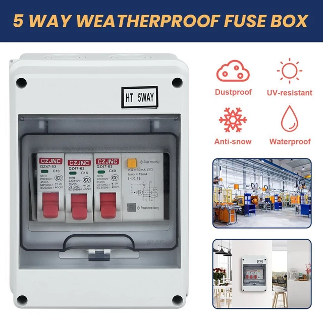 5 WAY WEATHERPROOF Garage Shed Consumer Unit Fuse Box 63A Mains Switch ...