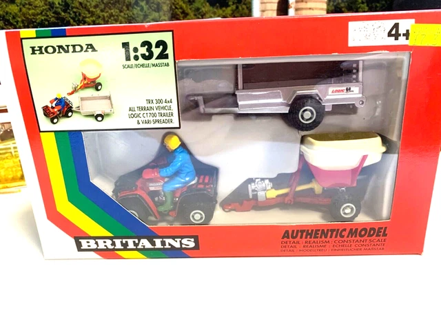 BRITAINS.1:32.FARM.HONDA 300 TRX 4x4 QUAD BIKE.LOGIC TRAILER & VARI SPREADER.SET £69.99 ...