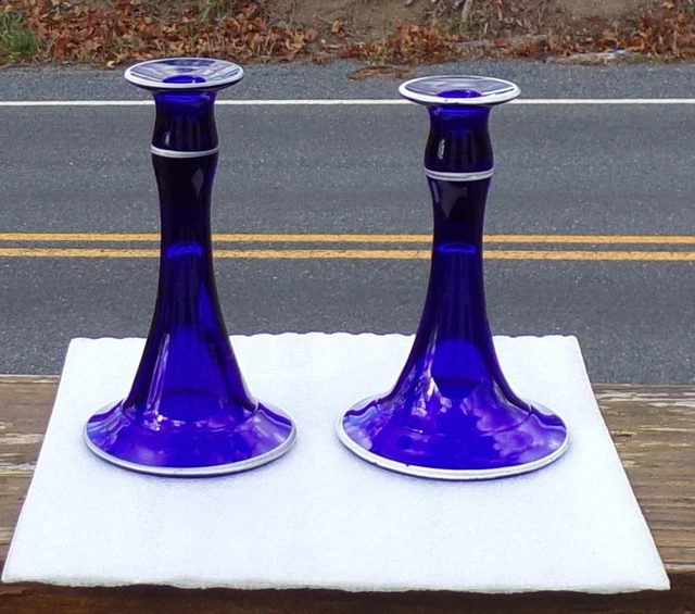 DIAMOND COBALT BLUE GLASS "MAE WEST" STYLE PAIR of CANDLESTICKS £59.44 ...