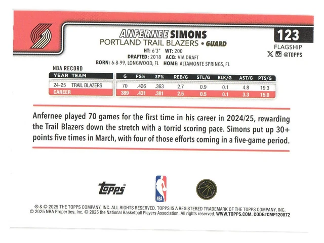 2025-26 TOPPS NBA Flagship Season Tip-Off Trail Blazers Anfernee Simons ...