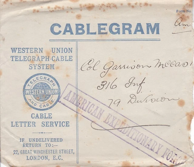 US MILITARY WORLD War I Rare cablegram AEF Jan 1919 to Col. Mccaskey ...