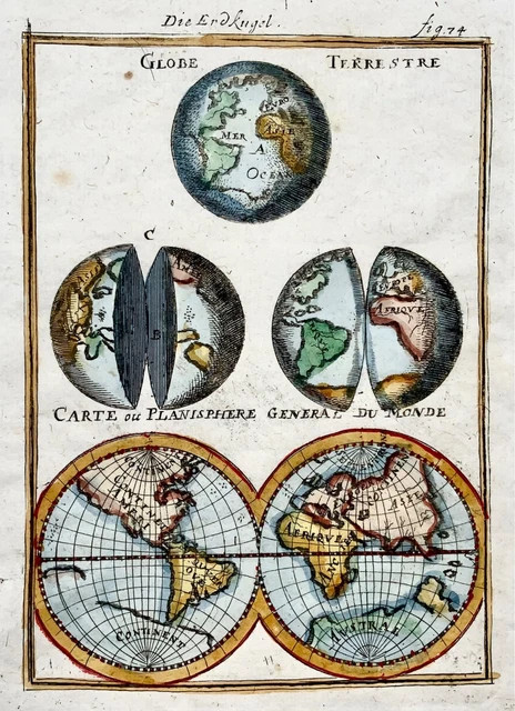 GLOBE TERRESTRE 1719, Carte Du Monde, Mallet, Coloré À La Main EUR 153 ...