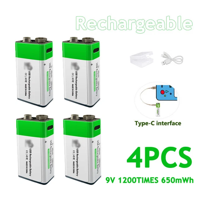 4PCS 9V 650MWH Li-ion Rechargeable Battery Battery USB Fast Charge Type ...