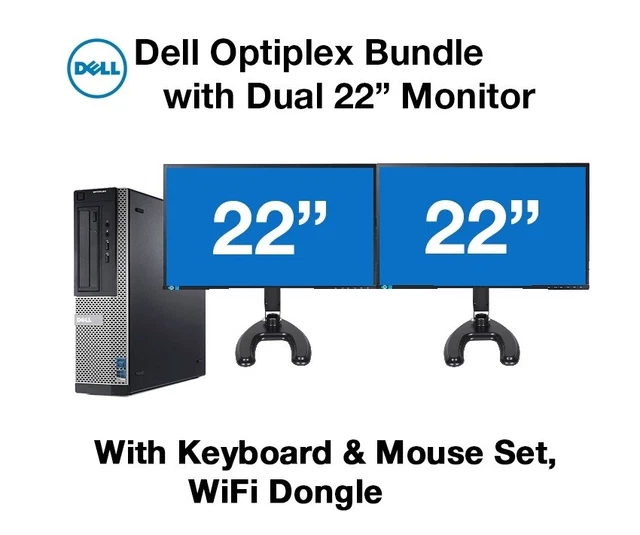 DELL DESKTOP PC Computer Core I3 3.4GHz 16GB RAM DUAL 22" LCD Monitor ...