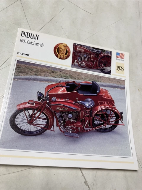 INDIAN 1000 CHIEF attelée 1923 fiche carte moto de collection Atlas USA ...