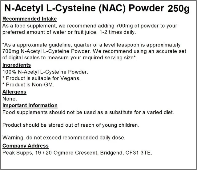 N-ACETYL L-CYSTEINE POWDER 250g - Pure & GMO Free Antioxidant ...