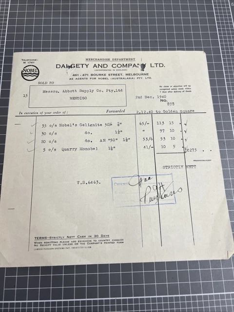ORIGINAL DOCUMENT RECEIPT 1940 Dalgety Nobel Gelignite Dynamite ...