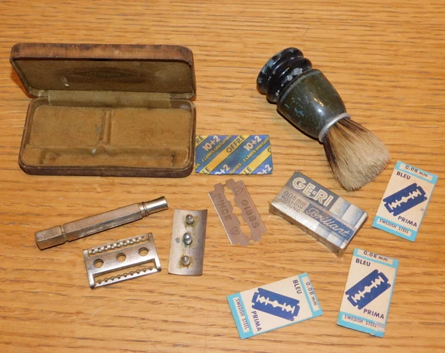 VINTAGE ANTIQUE RAZOR served sgdg BLADE PRIMA GE-RI box GILLETTE badger ...