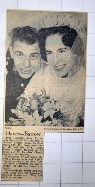 1949 MISS GABRIELLE Barrow Studley Road Clapham Marries Roy Davey ...