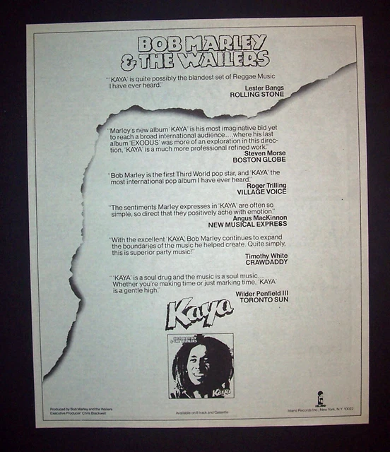 BOB MARLEY KAYA 1978 Poster Type Advert, Promo Ad w/Album Review Bonus ...
