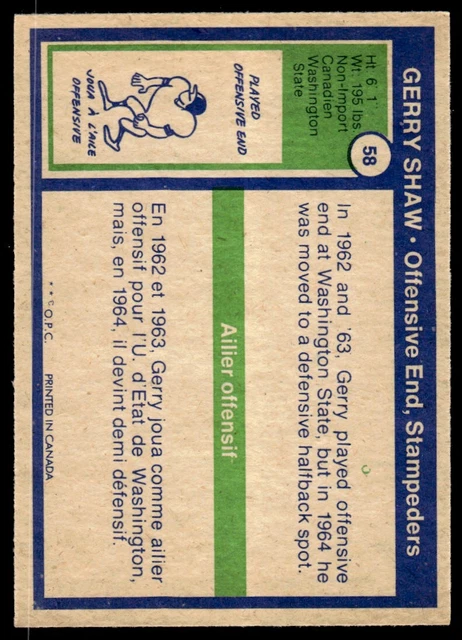 1972 ESTAMPEUSES O-PEE-CHEE CFL GERRY SHAW CALGARY #58 EUR 5,45 ...