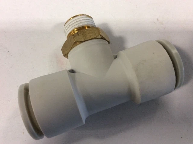 SMC PBT & Brass Push-to-Connect Fitting Sealant Branch Tee 8 mm X 3/8" BSPT Male EUR 8,38 ...