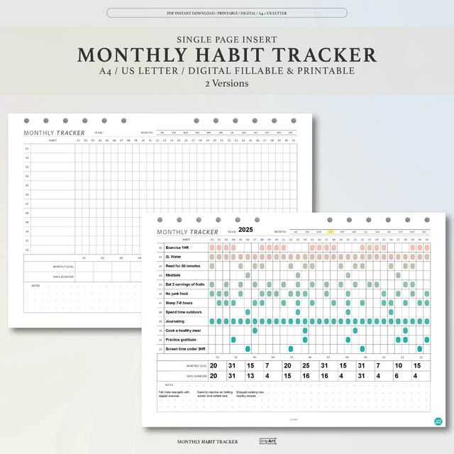 MONTHLY HABIT TRACKER Planner Template PDF Digital Printable - Digital ...