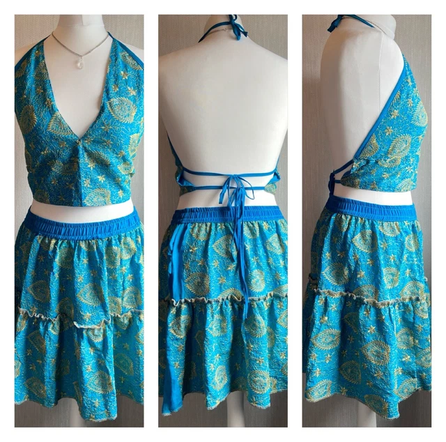 BLUE GOLD BRALET Top Skirt Co-ord Set Silk Embellished Hippy Festival ...