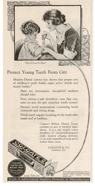 1923 COLGATE RIBBON Dental Cream toothpaste Mom helping daughter art ...