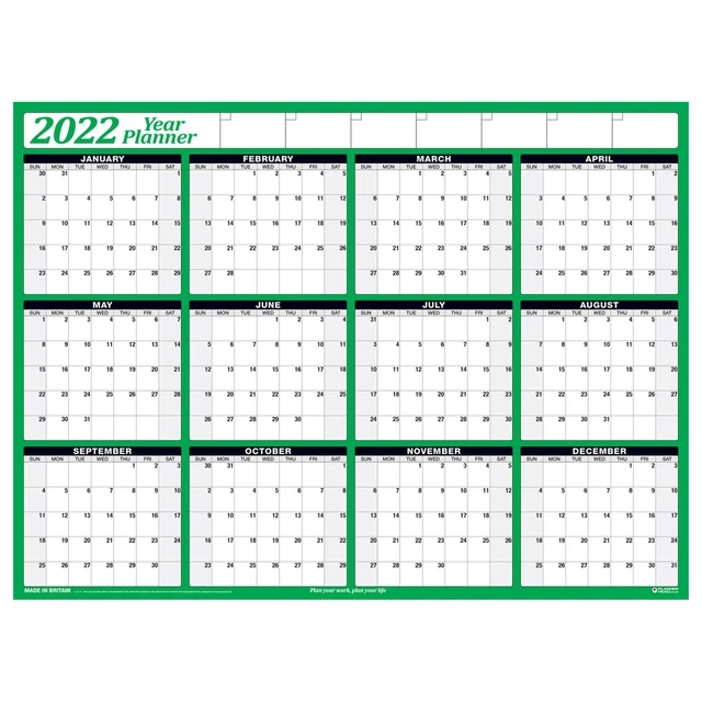 WALL CHART CALENDAR 2022 Year Planner 12 Month Grid Holidays Staff ...