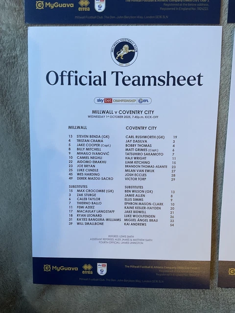 MILLWALL TEAM SHEETS x10 all this season 2025/26 £6.51 - PicClick UK