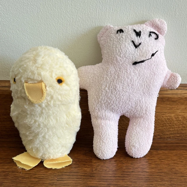 VINTAGE 1980'S HYGENIC plush chick bell rattle & towelling teddy. TLC ...