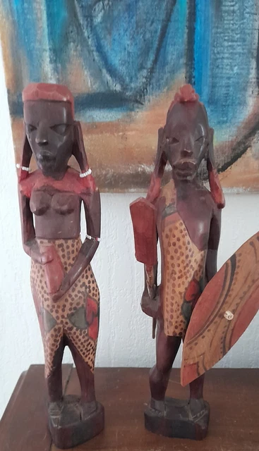 STATUETTES ART AFRIQUE couple guerrier en bois 31 cm EUR 29,00 ...