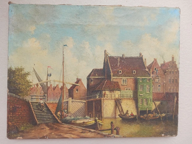 HUILE/TOILE JOHN FREDERIK Hulk(Néerlandais)"Maisons et Port" EUR 100,00 ...