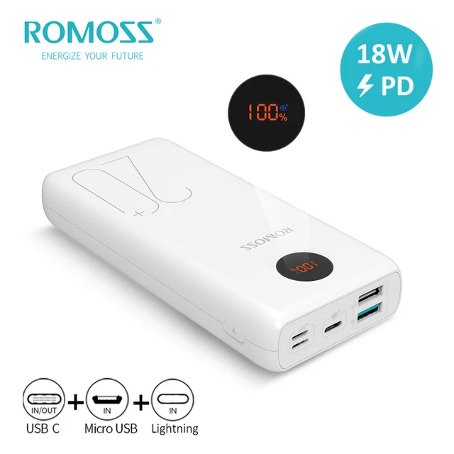 ROMOSS TYPE-C POWER Bank 20000mAh 3USB 18W Fast Charge PD QC3.0 Battery ...