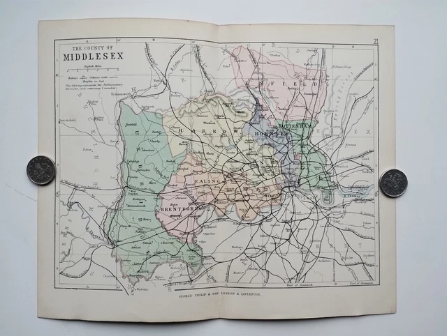 ANTIQUE/VINTAGE COUNTY MAP of MIDDLESEX - Phillips Handy Atlas , 1887 £ ...