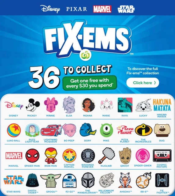 WOOLIES FIX-EMS WOOLWORTHS Disney Pixar Marvel Star Wars Fixems Fixem ...
