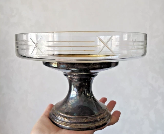 ANCIEN COMPOTIER EN cristal et métal argenté, saladier sur piédouche ...
