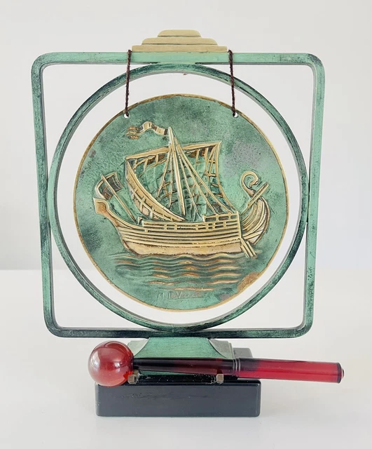MAX LE VERRIER Art Deco Signé Rare Gong de Table Bronze Marteau Origine ...