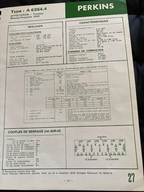 FICHE TECHNIQUE RTMA Moteur PERKINS A 6354.4 monté sur MASSEY FERGUSON 2640 EUR 9,00 - PicClick FR