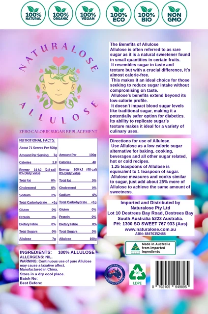ALLULOSE ZERO CALORIE Sweetener 500g 100% Natural Non GMO Gluten Free ...
