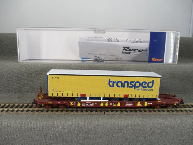 ROCO SPUR H0 76223 Güterwagen Taschenwagen T3 mit transped Trailer DSB ...