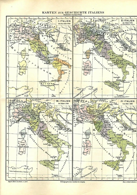 1892 = STORIA ITALIA DAL 1000 AL 1866 = Antica MAPPA Storica = OLD MAP ...