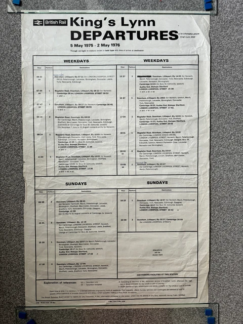 ORIGINAL BRITISH RAIL Departures railway timetable poster: King's Lynn ...