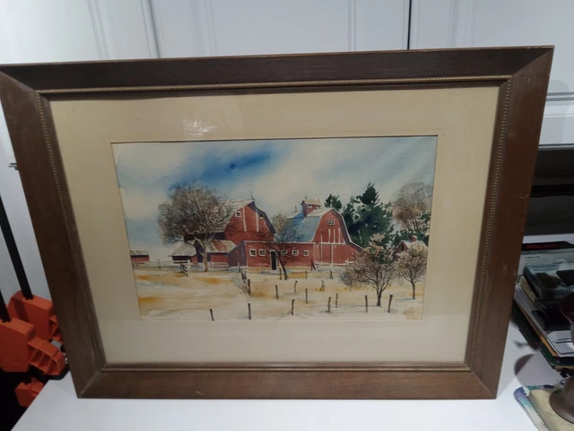 VINTAGE RED BARN Original watercolor Painting 30 1/2” X 23 1/2" Rustic ...