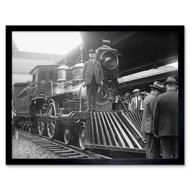 PHOTOGRAPHY BLACK WHITE Train Conductor Steam Engine 12X16 Inch Framed ...
