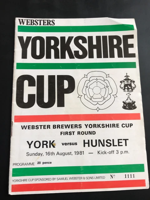 YORK V HUNSLET Yorkshire cup rugby league programme 1981/82 Season £1. ...