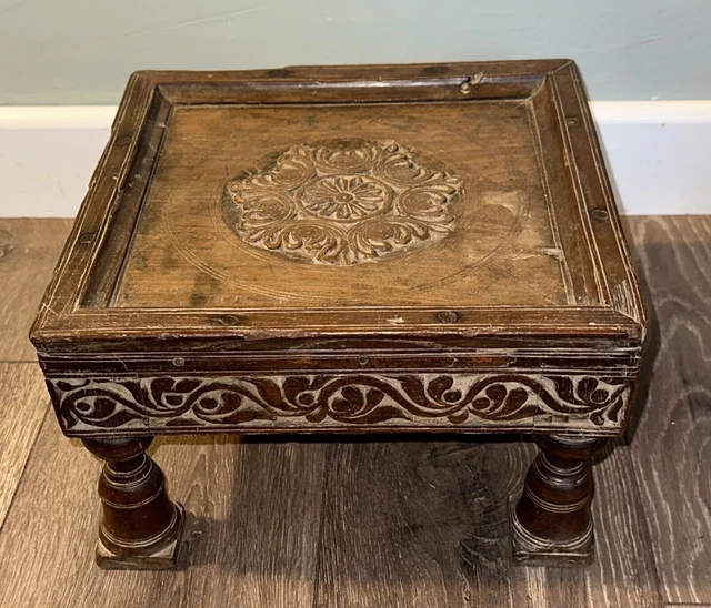 CARVED ANTIQUE 19TH century Indian Bajot Prayer Table Carved Oak Stool ...