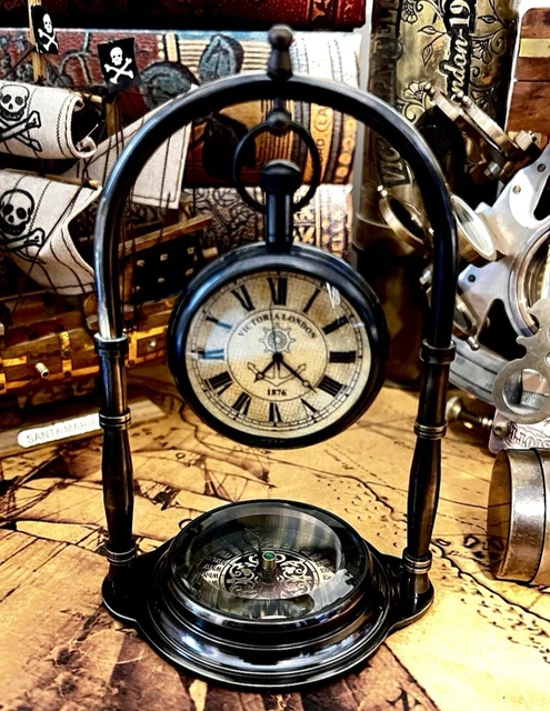 ANTIQUE CLOCK WITH Compass Victoria London Solid Brass Table Top ...