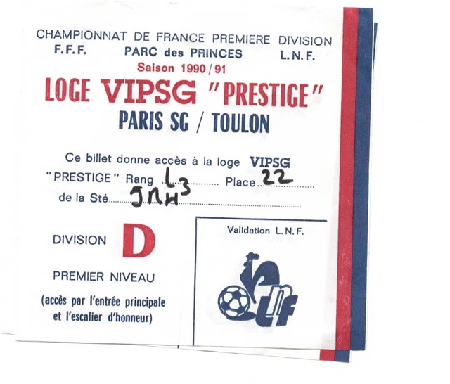 TICKET FOOTBALL PSG loge VIP PRESTIGE saison 1990/91 EUR 4,00 - PicClick FR