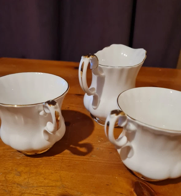 VINTAGE ROYAL ALBERT bone china VAL DOR white gold MILK JUG & 2 tea ...