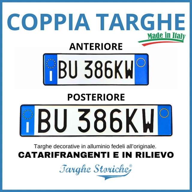 COPPIA TARGHE AUTO Anteriore e Posteriore stampate IN RILIEVO Replica ...