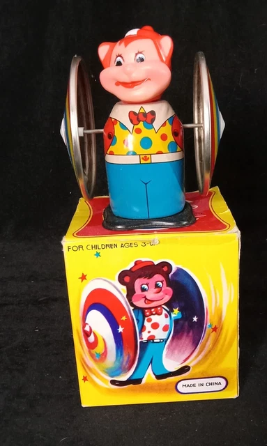 VINTAGE TIN TOY Wind-Up Bear Whirling Wheel Made in China with Box ...