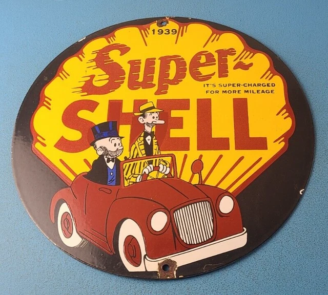 VINTAGE SUPER SHELL Gasoline Porcelain Service Station Gas Pump Plate ...