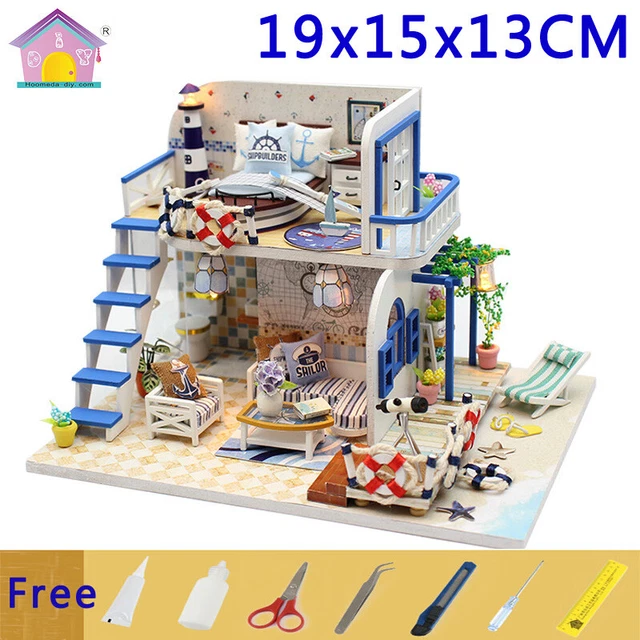 BLUE COAST MINI Villa 1:24 Scale DIY Dollhouse Miniature Wooden House ...