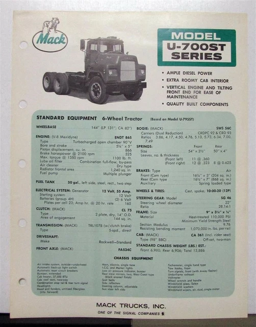 1972 MACK TRUCK Model U 700ST Specification Sheet $10.65 - PicClick
